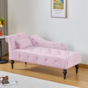 Tufted Upholstered Velvet Rolled Arm Chaise Lounges Indoor Chair, Right Arm Facing Chaise Lounge with Nailhead Trim for Living Room Bedroom Office(Light Pink)