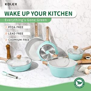 KOLEX Nonstick Cookware Sets,12-Piece Kitchenware Pots and Pans Set Granite Coating,Includes Frying Pans,Deep Frying pans,Stockpots And Cooking Tools,Suitable For All Stove,100% PFOA Free,Turquoise.