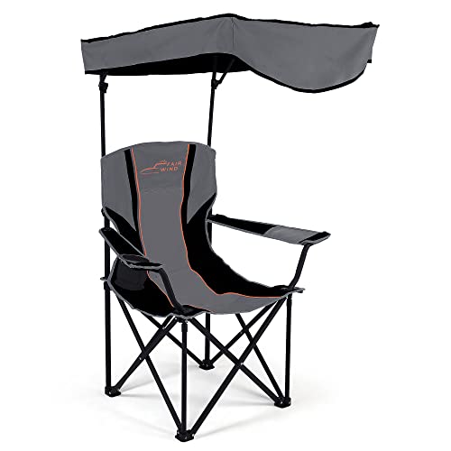 FAIR WIND Oversized Camping Lounge Chair with Adjustable Shade Canopy, Heavy Duty Quad Fold Chair Arm Chair - Support 350 LBS (Black Grey)