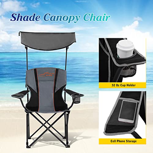 FAIR WIND Oversized Camping Lounge Chair with Adjustable Shade Canopy, Heavy Duty Quad Fold Chair Arm Chair - Support 350 LBS (Black Grey)