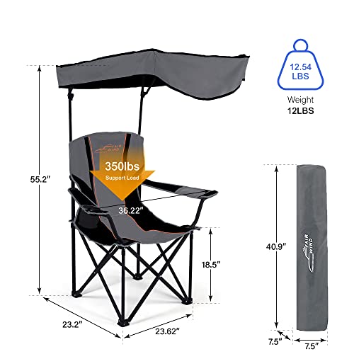 FAIR WIND Oversized Camping Lounge Chair with Adjustable Shade Canopy, Heavy Duty Quad Fold Chair Arm Chair - Support 350 LBS (Black Grey)