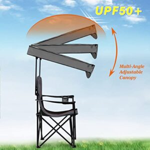 FAIR WIND Oversized Camping Lounge Chair with Adjustable Shade Canopy, Heavy Duty Quad Fold Chair Arm Chair - Support 350 LBS (Black Grey)