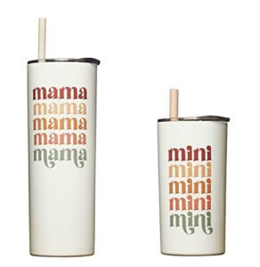 lucky love mama + mini stainless steel cups for kids and adults - 3d printed leopard insulated tumblers with lids and straws making this mom mug and toddler straw cup spill proof (white retro)