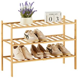 quiqear bamboo shoe rack, 3 tier shoe rack organizer, stackable & durable shoe shelf holder, free standing shoe racks, shoe storage organizer for entryway, closet, hallway, 27.2*11*18.3inch (natural)