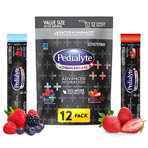 Pedialyte AdvancedCare Plus Electrolyte Powder, with 33% More Electrolytes and PreActiv Prebiotics, Strawberry Freeze/Berry Frost Variety Pack, Electrolyte Drink Powder Packets, 0.6 oz, 12 Count