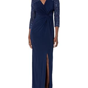 Alex Evenings Women's Long Stretchy 3/4 Sleeve Knot Front Column Dress, Navy Illusion, 14