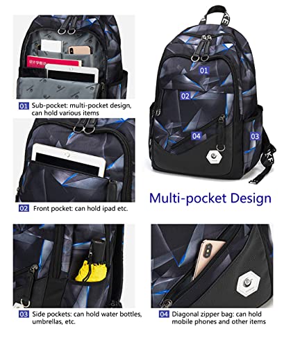 Sqodok Boys Backpack for Middle School, Waterproof Primary School Bags for Kids, Backpack for Boys Elementary High School, Abstract Geometric Prints Bookbag Travel Backpack for Teen Girls, Blue