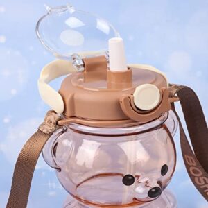 Kawaii Bear Straw Bottle, Large capacity bear water bottle with Strap and Straw, Cute Portable Bear shaped water Bottle Adjustable Removable Strap for outdoor and school activities(grey)