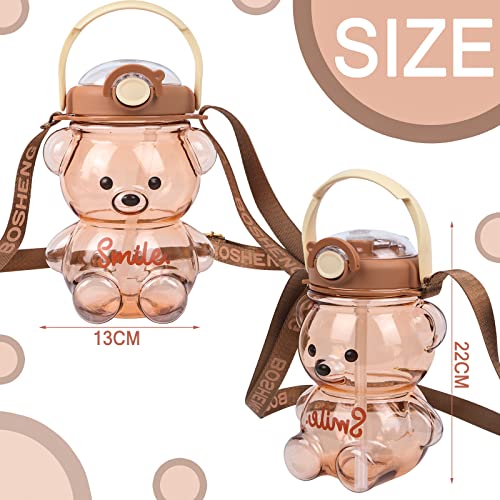 Kawaii Bear Straw Bottle, Large capacity bear water bottle with Strap and Straw, Cute Portable Bear shaped water Bottle Adjustable Removable Strap for outdoor and school activities(grey)