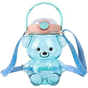 kawaii bear straw bottle，large capacity bear water bottle with strap and straw , cute portable bear shaped water bottle adjustable removable strap for outdoor and school activities(blue)