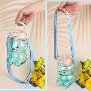 Kawaii Bear Straw Bottle，Large capacity bear water bottle with Strap and Straw , Cute Portable Bear shaped water Bottle Adjustable Removable Strap for outdoor and school activities(blue)