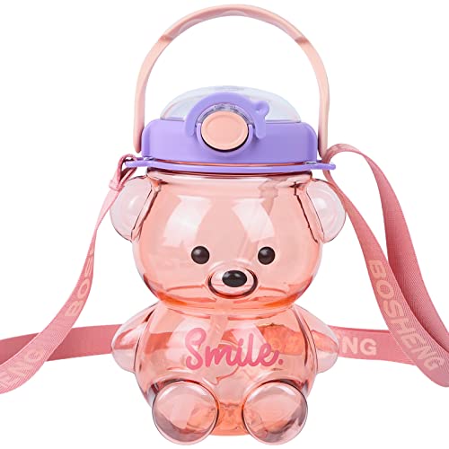 AZLNRMU Kawaii Bear Straw Bottle, Large capacity bear water bottle with Strap and Straw, Cute Portable Bear shaped water Bottle Adjustable Removable Strap for outdoor and school activities(pink)