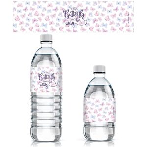 butterfly girl baby shower water bottle labels - a little butterfly is on her way - it's a girl pink and purple waterproof wrappers - 24 count