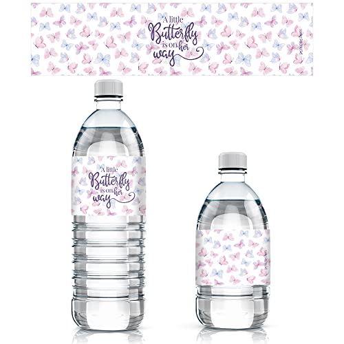 Butterfly Girl Baby Shower Water Bottle Labels - A Little Butterfly is on Her Way - It's a Girl Pink and Purple Waterproof Wrappers - 24 Count