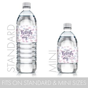 Butterfly Girl Baby Shower Water Bottle Labels - A Little Butterfly is on Her Way - It's a Girl Pink and Purple Waterproof Wrappers - 24 Count