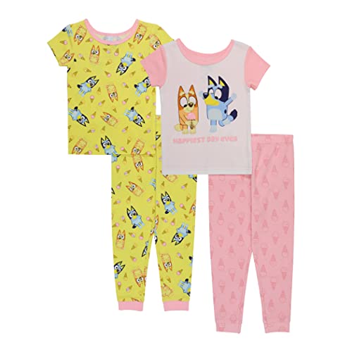 Bluey Girls' 4-Piece Cotton Snug-Fit Pajamas Set, Happy Day, 4T