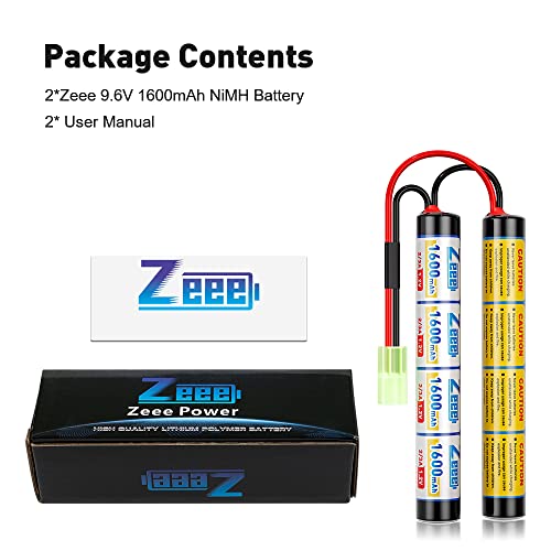 Zeee 9.6V Airsoft Battery 1600mAh NiMH Battery with Mini Tamiya Plug High Power RC Battery for Airsoft Guns(2 Pack)