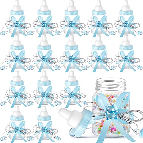 48 Pcs Baby Shower Bottles Baby Shower Mini Milk Bottle Baby Bottles Mini Baby Bottles for Baby Shower Plastic Bear Candy Box Bottles with Ribbon for Baby Shower Favor Gift Decor (Blue)