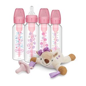 dr. brown’s natural flow® anti-colic options+™ narrow baby bottles 8 oz/250 ml, with level 1 slow flow nipple, 4 pack, pink floral & deer lovey with happypaci pacifier, 0m+