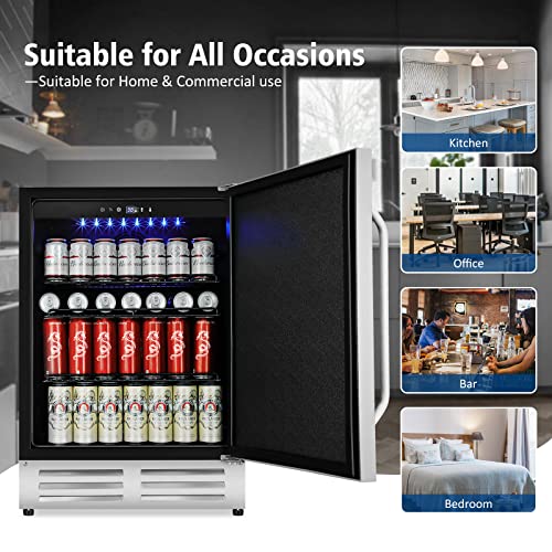 Velivi 24 Inch Beverage Refrigerator, Under Counter Beverage Cooler, Built-in and Freestanding Beverage Fridge 210 Cans, Drink Fridge with Stainless Steel Door for Soda, Beer, Wine