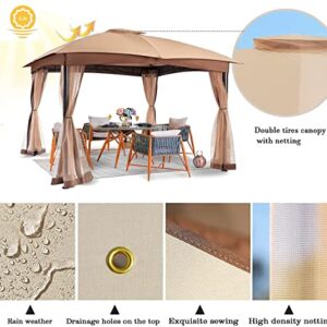 Gazebo for Patio, FAB BASED 10x12 Gazebo, Double Vent Canopy Gazebo, Outdoor Gazebo with Privacy Netting, Easy Setup Patio Pavilion with Steel Frame Strong Legs for Lawn, Backyard, Deck (Khaki)