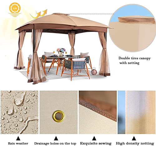 Gazebo for Patio, FAB BASED 10x12 Gazebo, Double Vent Canopy Gazebo, Outdoor Gazebo with Privacy Netting, Easy Setup Patio Pavilion with Steel Frame Strong Legs for Lawn, Backyard, Deck (Khaki)