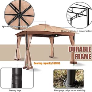 Gazebo for Patio, FAB BASED 10x12 Gazebo, Double Vent Canopy Gazebo, Outdoor Gazebo with Privacy Netting, Easy Setup Patio Pavilion with Steel Frame Strong Legs for Lawn, Backyard, Deck (Khaki)