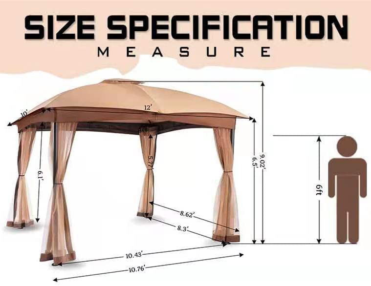 Gazebo for Patio, FAB BASED 10x12 Gazebo, Double Vent Canopy Gazebo, Outdoor Gazebo with Privacy Netting, Easy Setup Patio Pavilion with Steel Frame Strong Legs for Lawn, Backyard, Deck (Khaki)