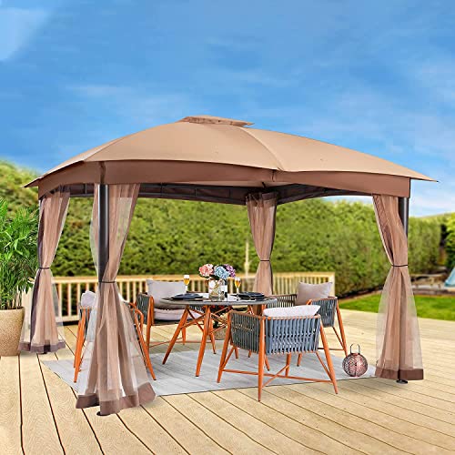 Gazebo for Patio, FAB BASED 10x12 Gazebo, Double Vent Canopy Gazebo, Outdoor Gazebo with Privacy Netting, Easy Setup Patio Pavilion with Steel Frame Strong Legs for Lawn, Backyard, Deck (Khaki)