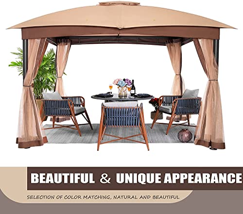 Gazebo for Patio, FAB BASED 10x12 Gazebo, Double Vent Canopy Gazebo, Outdoor Gazebo with Privacy Netting, Easy Setup Patio Pavilion with Steel Frame Strong Legs for Lawn, Backyard, Deck (Khaki)