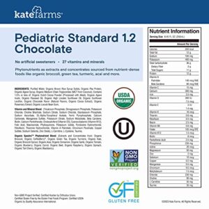 KATE FARMS Organic Pediatric Chocolate 1.2 Sole-Source Nutrition Shake, 12g of protein, 27 Vitamins and Minerals, Vegan, Meal Replacement Drink for Kids, Protein Shake, Gluten Free, Non-GMO, 8.45 Fl oz (Pack of 12)