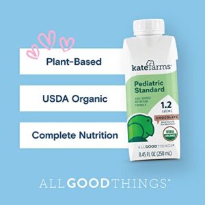 KATE FARMS Organic Pediatric Chocolate 1.2 Sole-Source Nutrition Shake, 12g of protein, 27 Vitamins and Minerals, Vegan, Meal Replacement Drink for Kids, Protein Shake, Gluten Free, Non-GMO, 8.45 Fl oz (Pack of 12)