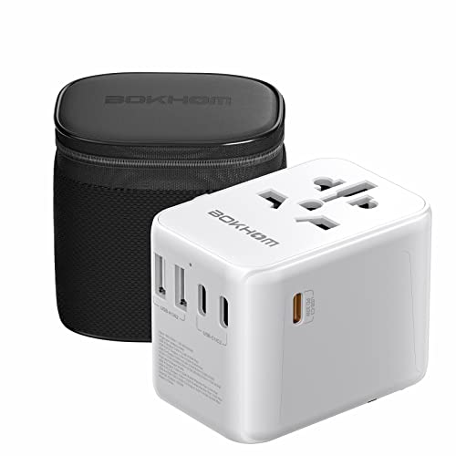 Universal Travel Adapter with USB C PD 30W Fast Charging, BOKHOM International Travel Adapter with 3 USB C and 2 USB-A, Dual 10A Fuses Travel Adapter Worldwide Travel Charger for EU UK US AU