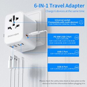 Universal Travel Adapter with USB C PD 30W Fast Charging, BOKHOM International Travel Adapter with 3 USB C and 2 USB-A, Dual 10A Fuses Travel Adapter Worldwide Travel Charger for EU UK US AU