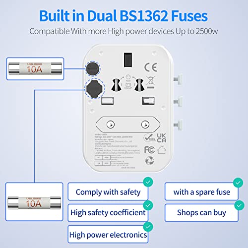 Universal Travel Adapter with USB C PD 30W Fast Charging, BOKHOM International Travel Adapter with 3 USB C and 2 USB-A, Dual 10A Fuses Travel Adapter Worldwide Travel Charger for EU UK US AU