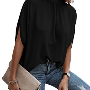 Verdusa Women's Casual Tie Back Dolman Sleeve Mock Neck Blouse Top Black L