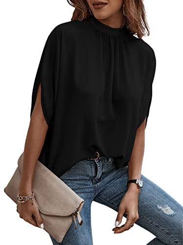 Verdusa Women's Casual Tie Back Dolman Sleeve Mock Neck Blouse Top Black L