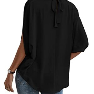 Verdusa Women's Casual Tie Back Dolman Sleeve Mock Neck Blouse Top Black L