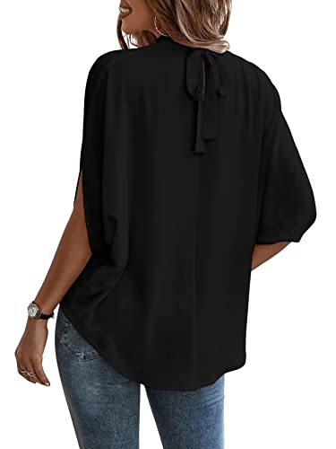 Verdusa Women's Casual Tie Back Dolman Sleeve Mock Neck Blouse Top Black L