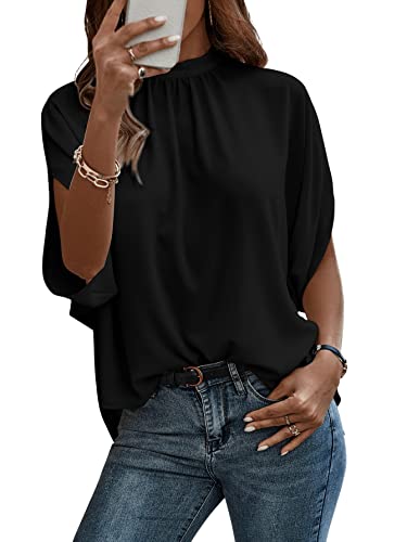 Verdusa Women's Casual Tie Back Dolman Sleeve Mock Neck Blouse Top Black L