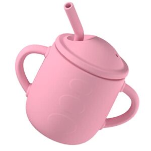 linshuma silicone baby training cup, toddler straw sippy cup, kids trainer cup spill & non-slip with 2 handles bpa free, open cup for 6 months+ babies cute 150ml pink