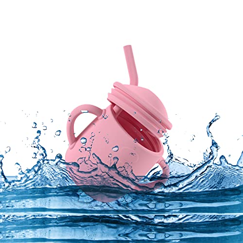 Linshuma Silicone Baby Training Cup, Toddler Straw Sippy Cup, Kids trainer Cup Spill & Non-Slip with 2 Handles BPA Free, Open Cup for 6 months+ Babies Cute 150ML Pink