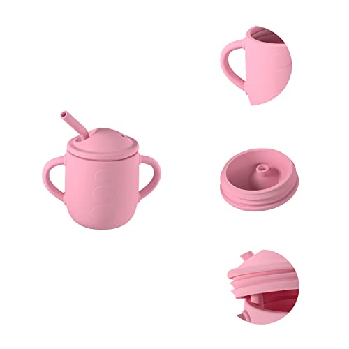 Linshuma Silicone Baby Training Cup, Toddler Straw Sippy Cup, Kids trainer Cup Spill & Non-Slip with 2 Handles BPA Free, Open Cup for 6 months+ Babies Cute 150ML Pink