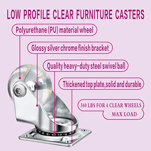 JGJC Caster Wheels 1.5 inch (d=1-3/8", h=2"), Furniture Small Casters Set of 4, Polyurethane Swivel Castor Wheels for Furniture, Cabinet, Clear Wheels Square Plate (1-5/8"×1-5/8"), Load 360 lbs