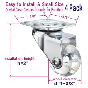 JGJC Caster Wheels 1.5 inch (d=1-3/8", h=2"), Furniture Small Casters Set of 4, Polyurethane Swivel Castor Wheels for Furniture, Cabinet, Clear Wheels Square Plate (1-5/8"×1-5/8"), Load 360 lbs