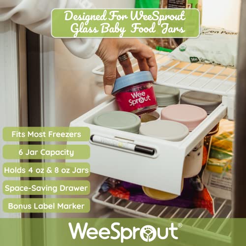 WeeSprout Freezer Tray for Baby Food Storage Jars, Holds 4 oz & 8oz Glass Baby Food Containers, Fits Most Freezers, Space-Saving Drawer Design, Label Marker Included (White)