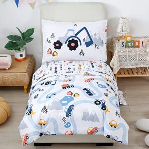 perfemet toddler bedding kids 4 pieces bed in a bag for boys cars printed microfiber toddler comforter sets with standard pillow case modern bedroom collection, white