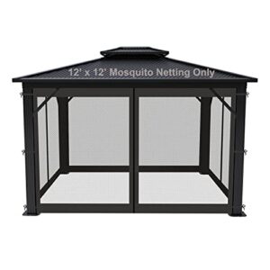 suncula replacement universal gazebo netting 4 panels with zipper for garden patio yard, only netting(12'x12', black)