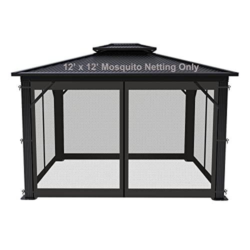 SunCula Replacement Universal Gazebo Netting 4 Panels with Zipper for Garden Patio Yard, ONLY Netting(12'x12', Black)