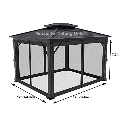 SunCula Replacement Universal Gazebo Netting 4 Panels with Zipper for Garden Patio Yard, ONLY Netting(12'x12', Black)